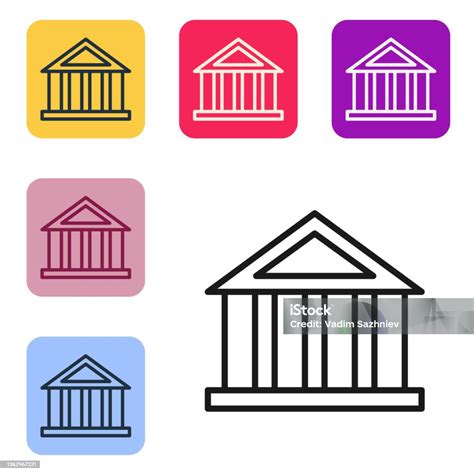 흰색 배경에 격리 된 검은 줄 은행 건물 아이콘 색상 정사각형 단추로 아이콘을 설정합니다 벡터 0명에 대한 스톡 벡터 아트 및 기타 이미지 Istock