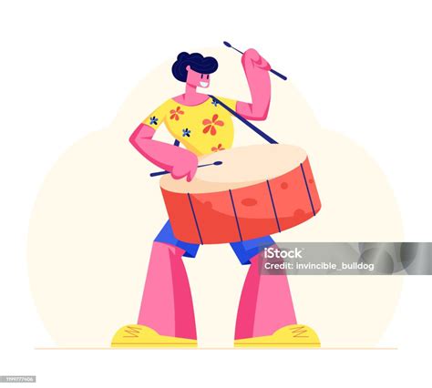 드럼에 막대기로 음악을 연주 흥분 드러머 타악기로 무대 나 리오 카니발에서 공연하는 재능있는 뮤지션 캐릭터 엔터테인먼트 쇼 만화 평면 벡터 일러스트 경외감에 대한 스톡 벡터