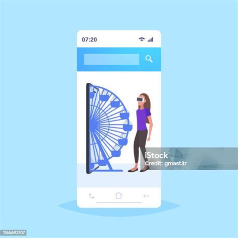 스마트폰 화면 헤드셋 비전 가상 현실 기술 개념 온라인 모바일 앱 평면 전체 길이에서 Vr 관람차 근처 디지털 안경 소녀를 착용 하는 여자 3차원 형태에 대한 스톡 벡터