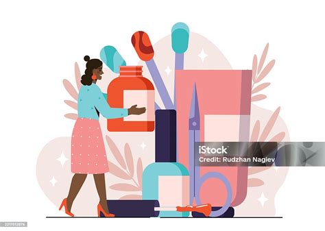 매니큐어 도구를 가진 여자 가위와 매니큐어 근처에 어린 소녀 미학과 우아함 매니큐어와 페디큐어 세트 뷰티 트리트먼트 플랫 벡터 일러스트 레이 션 깨끗한에 대한 스톡 벡터