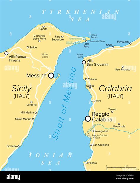 Strait Of Messina Southern Italy Political Map Narrow Strait Between