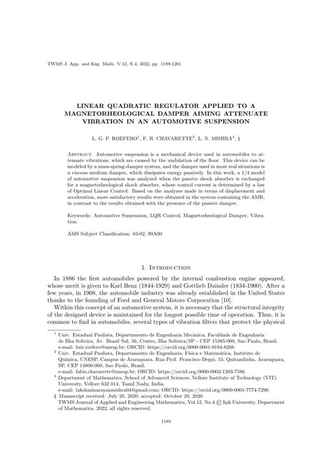 Pdf Linear Quadratic Regulator Applied To A Magnetorheological Damper