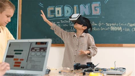 Boy Wearing Vr Headset To Enter Metaworld While Girl Coding System