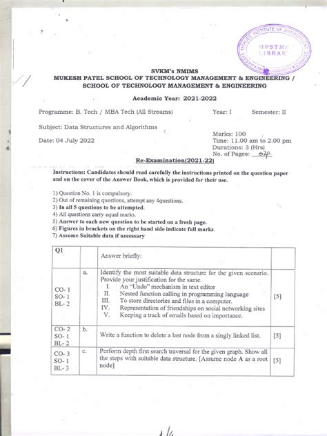 Data Structures And Algorithms Sem Ii Re Exam Year 2021 22 Thinj3jv0x Pdf