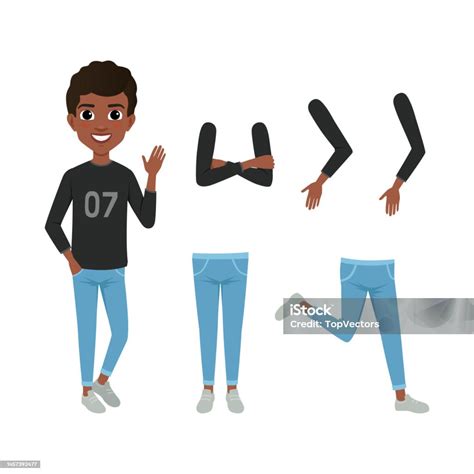 다리와 팔 컬렉션이 있는 캐주얼한 옷을 입은 아프리카계 미국인 소년의 전체 길이 초상화 귀여운 소년 캐릭터 생성 애니메이션 만화 벡터 일러스트레이션에 대 한 생성자 감정에
