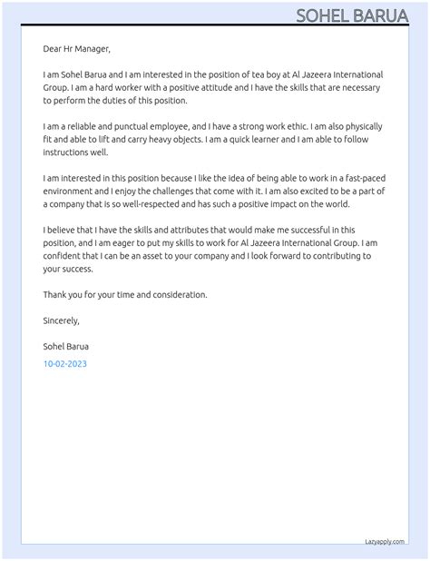 Cover Letter For Tea Boy Lazyapply