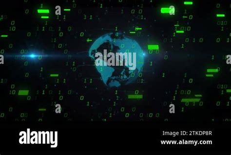 animation of bars and binary codes with lens flares around globe over
