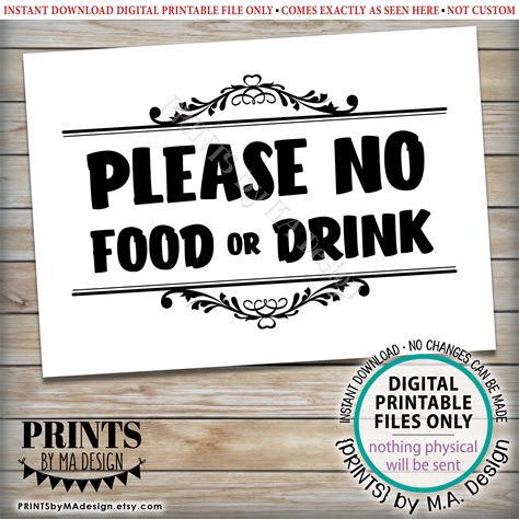 Please No Food Or Drink Sign Keep Food Out Printable 5x7” Black