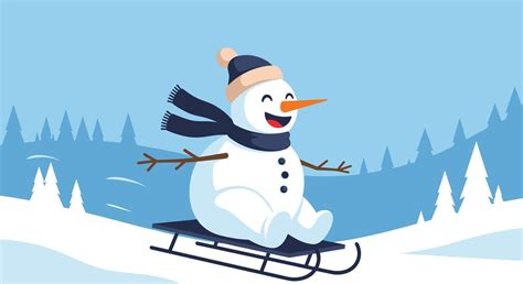 Cheerful Snowman Wearing A Blue Hat And Scarf Sliding Down A Snowy Hill