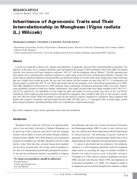 Pdf Inheritance Of Agronomic Traits And Their Interrelationship In Mungbean Vigna Radiata L