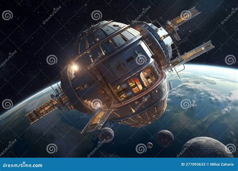 A Spaceship Orbiting A Planet Space Exploration Concept Generative