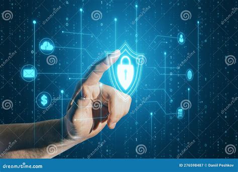 close up of male hands pointing at glowing blue padlock shield with digital coding on dark