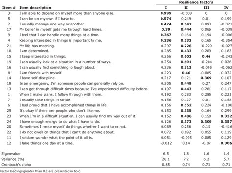factor loadings of the 25 resilience scale items obtained with maximum