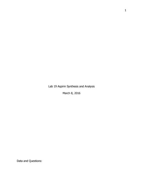 Lab Aspirin Synthesis And Analysis Lab Aspirin Synthesis And Analysis March Data