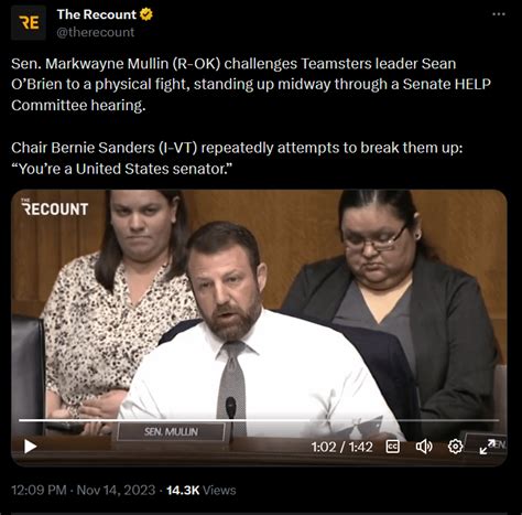 Republican Senator Markwayne Mullin R Ok Threatens To Fight Teamsters