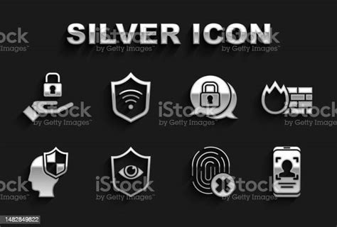 Set Shield And Eye Firewall Security Wall Mobile Face Recognition Cancelled Fingerprint Head
