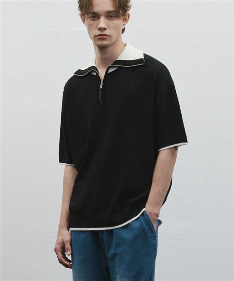 Musinsa Alyss Contrast Tail Half Zip Short Sleeve Knit Black