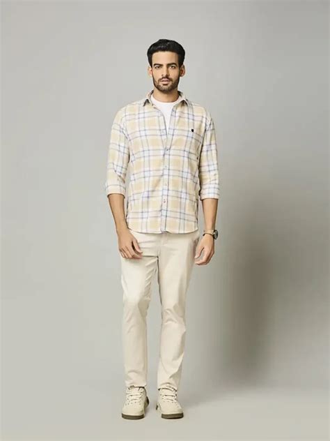 Beige Textured Plaid Shirt Double Bull