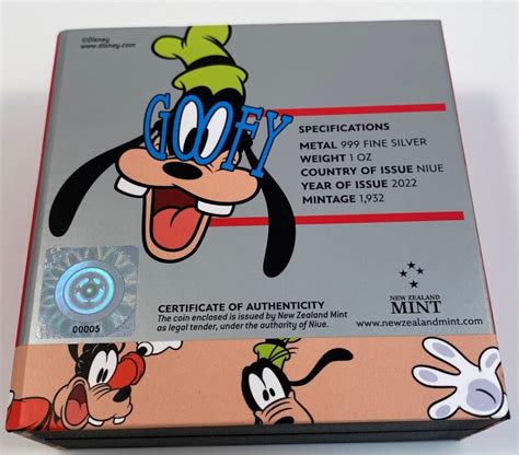 2022 Niue Disney Goofy 90th Anniversary 1oz Silver Coin Certificate 5