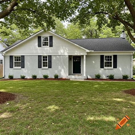 A White Ranch Style House With A Gray Foundation Black Shutters And A