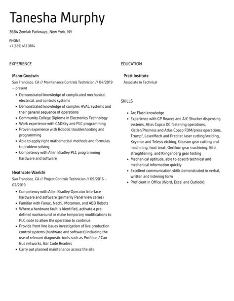 Controls Technician Resume Samples Velvet Jobs