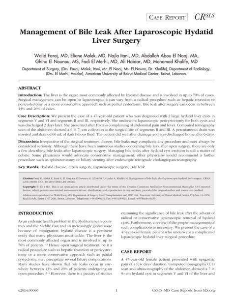 Pdf C R Management Of Bile Leak After Laparoscopic Hydatid Liver Surgery