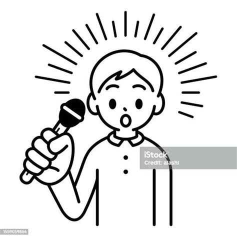 마이크를 들고 시청자를 바라보는 소년 미니멀리스트 스타일 흑백 윤곽선 Media Day에 대한 스톡 벡터 아트 및 기타 이미지 Media Day 가수 공연 Istock