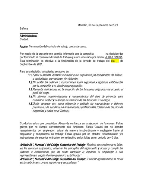 Carta Terminación De Contrato Por Justa Causa Pdf