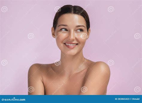 Excited Smiling Brunette Beauty Spa Woman With Naked Shoulders Undress