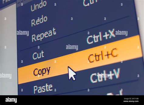 Software Menu Item With Copy Command Highlighted And Mouse Cursor Selected It Macro Shot Stock