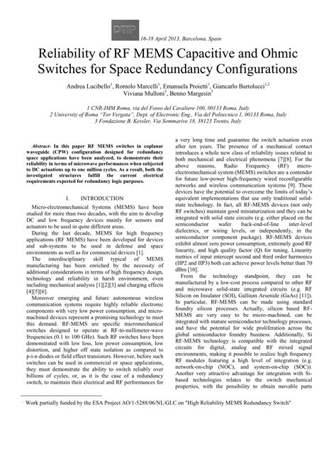 Pdf Reliability Of Rf Mems Capacitive And Ohmic Switches For Space