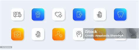 약 세트 아이콘입니다 응급 처치 키트 서류 가방 골절 의사 약국 드레싱 구급차 점 적기 주사 석고 심장 건강 관리 개념입니다 신형성 벡터 선 아이콘 간호사에 대한 스톡 벡터