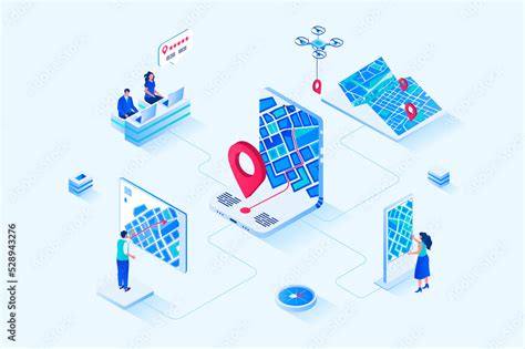 gps navigation 3d isometric web design people use mobile application