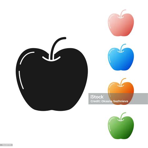 흰색 배경에 격리 된 검은 애플 아이콘입니다 잎 기호와 과일입니다 다채로운 아이콘을 설정합니다 벡터 일러스트레이션 건강한 식생활에 대한 스톡 벡터 아트 및 기타 이미지