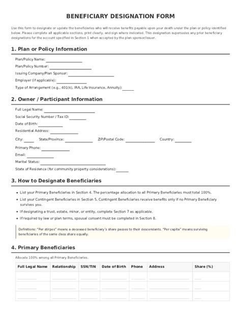 Beneficiary Designation Form Blank Fillable Template Fill Out