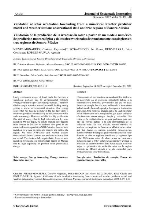 Pdf Validation Of Solar Irradiation Forecasting From A Numerical Weather Predictor Model And