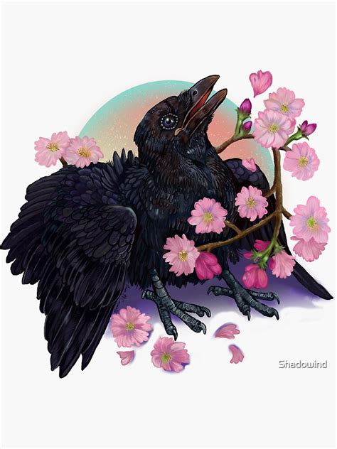 Fledgling Crow Raven With Apple Blossoms Sticker By Shadowind Redbubble