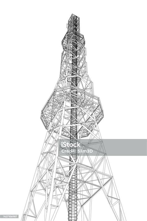 흰색 배경에 고립 된 검은 선에서 통신하기위한 높은 타워의 개요 하단 보기 3d 벡터 일러스트레이션 역에 대한 스톡 벡터 아트
