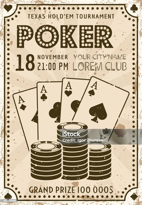 포커 토너먼트 초대장 빈티지 포스터 샘플 텍스트와 그런지 텍스처가 별도의 레이어에 있는 벡터 그림 카지노에 대한 스톡 벡터 아트 및 기타 이미지 Istock
