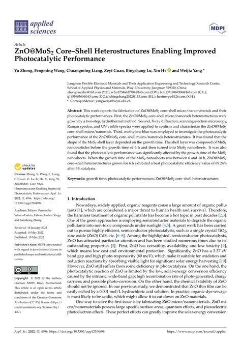 Pdf Znomos2 Coreshell Heterostructures Enabling Improved Photocatalytic Performance