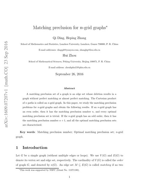 Pdf Matching Preclusion For N Grid Graphs