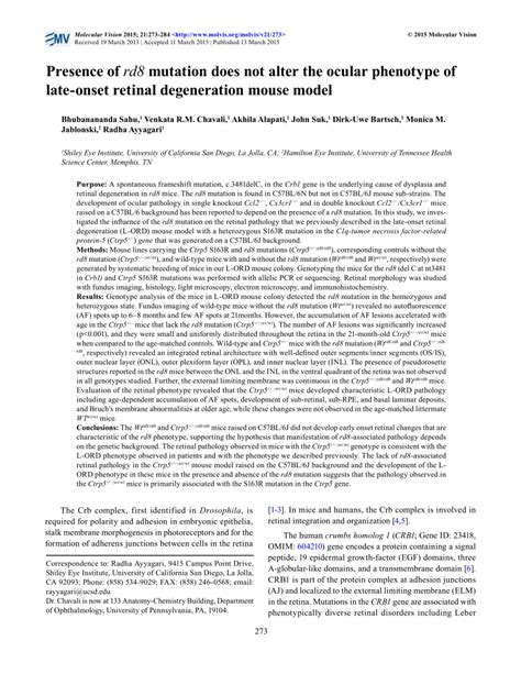Pdf Presence Of Rd8 Mutation Does Not Alter The Ocular Phenotype Of Late Onset Retinal