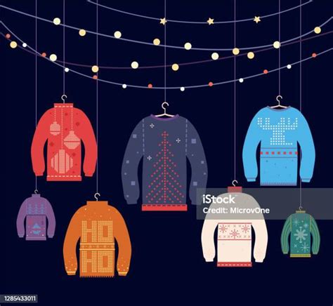 못생긴 스웨터 다른 귀여운 프린트와 장식품크리스마스 스웨터 새해 파티 인사말 카드 장식 벡터 배경 크리스마스 스웨터에 대한 스톡 벡터 아트 및 기타 이미지 Istock