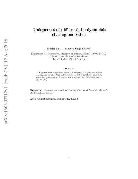 Pdf Uniqueness Of Differential Polynomials Sharing One Value