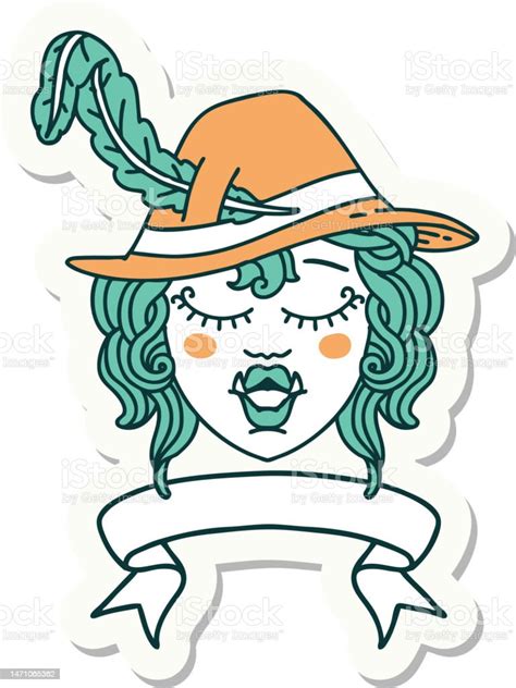 배너가 있는 노래하는 반 오크 음유시인 캐릭터의 스티커 깃털에 대한 스톡 벡터 아트 및 기타 이미지 깃털 도깨비 머리 Istock