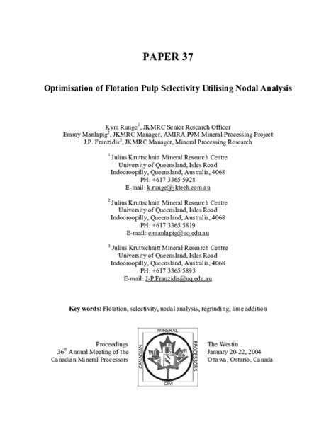 Pdf Optimisation Of Flotation Pulp Selectivity Utilising Nodal Analysis