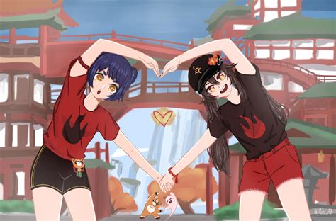 Modern Hu Tao And Xiangling Taking Romantic Photos R Genshinsapphic