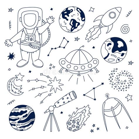 Cute Scribble Cosmos And Astronomy Set With Cosmonaut Ufo Ship Satellite Earth And Neptune