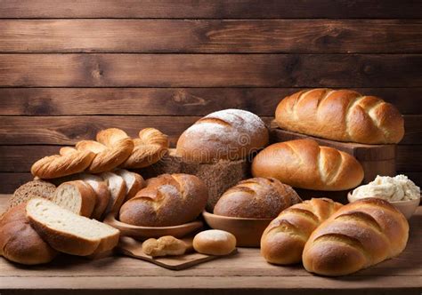 Different Types Of Breads And Buns On Wooden Background Stock Image Image Of Wheat Pastry