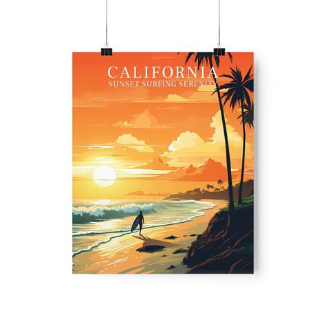 California Sunset Surfing Serenity Ocean Beach Surfer Waves Premium